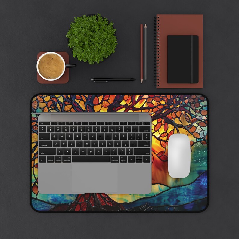 Stained Glass Tree Desk Mat, Vibrant Sunset Mousepad, Nature Office ...