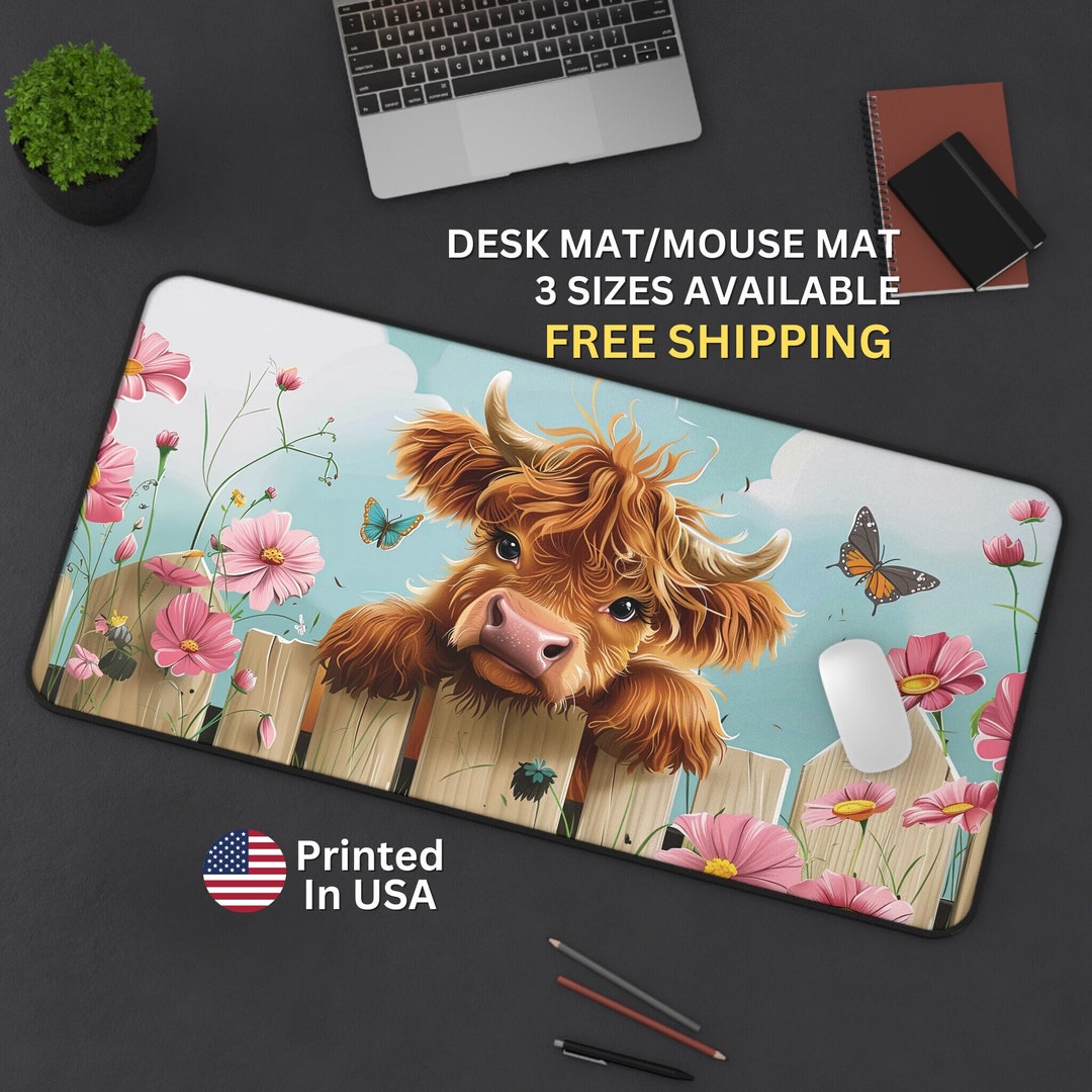 Cute Highland Cow Desk Mat, Whimsical Floral Cartoon Mouse Mat, Playful ...