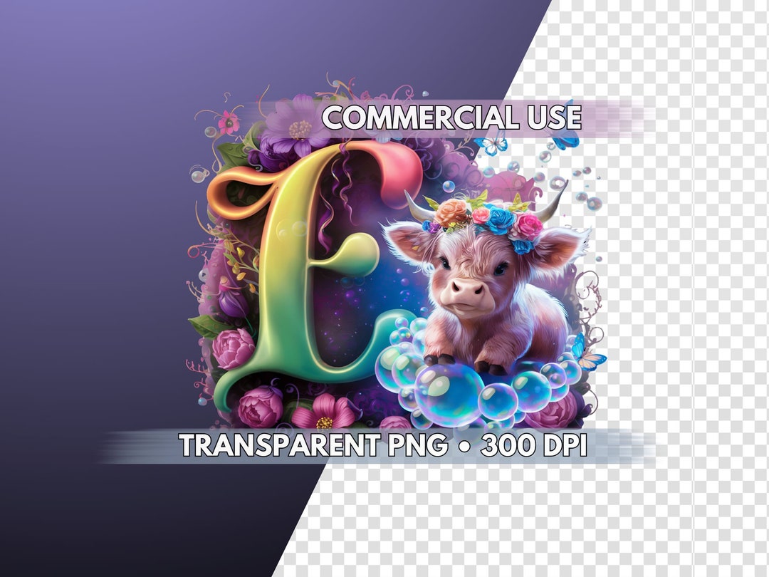 PA117 Highland Cow E Letter Initial Monogram PNG Digital Download ...