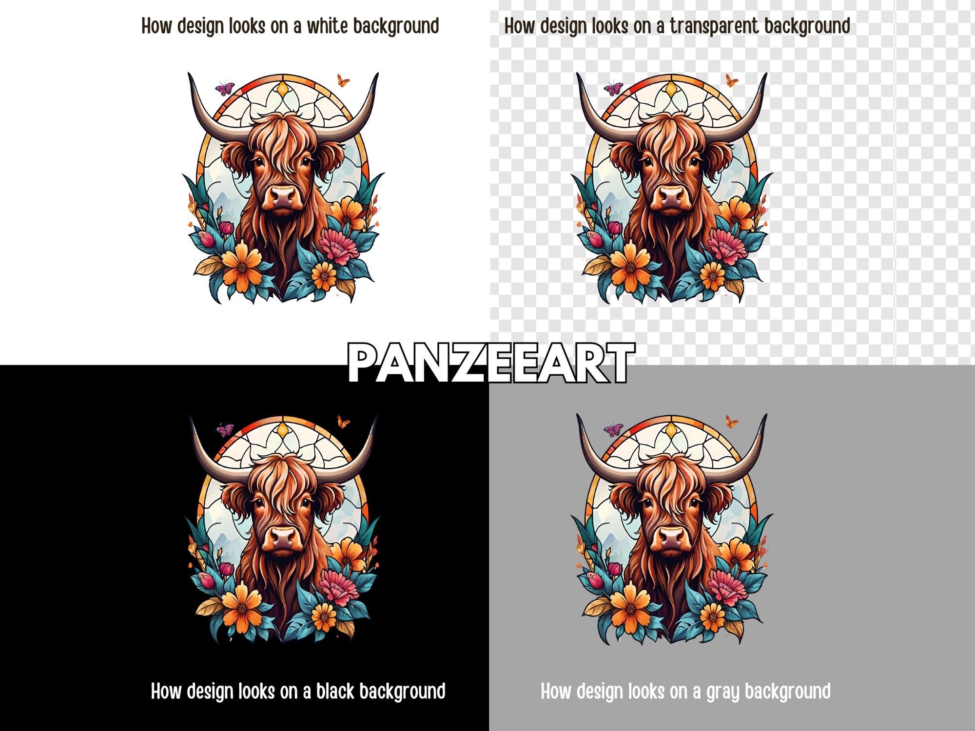PA103 Highland Cow Floral PNG Digital Download Commercial Use Printable ...