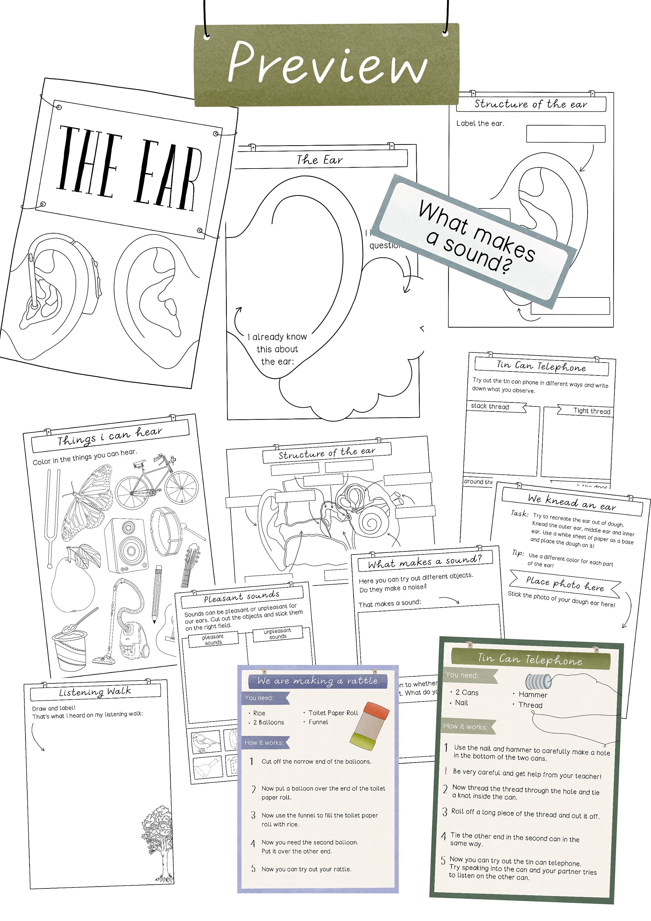 Ear Science Unit PRINTABLE Worksheets Experiments Hearing Senses Human ...