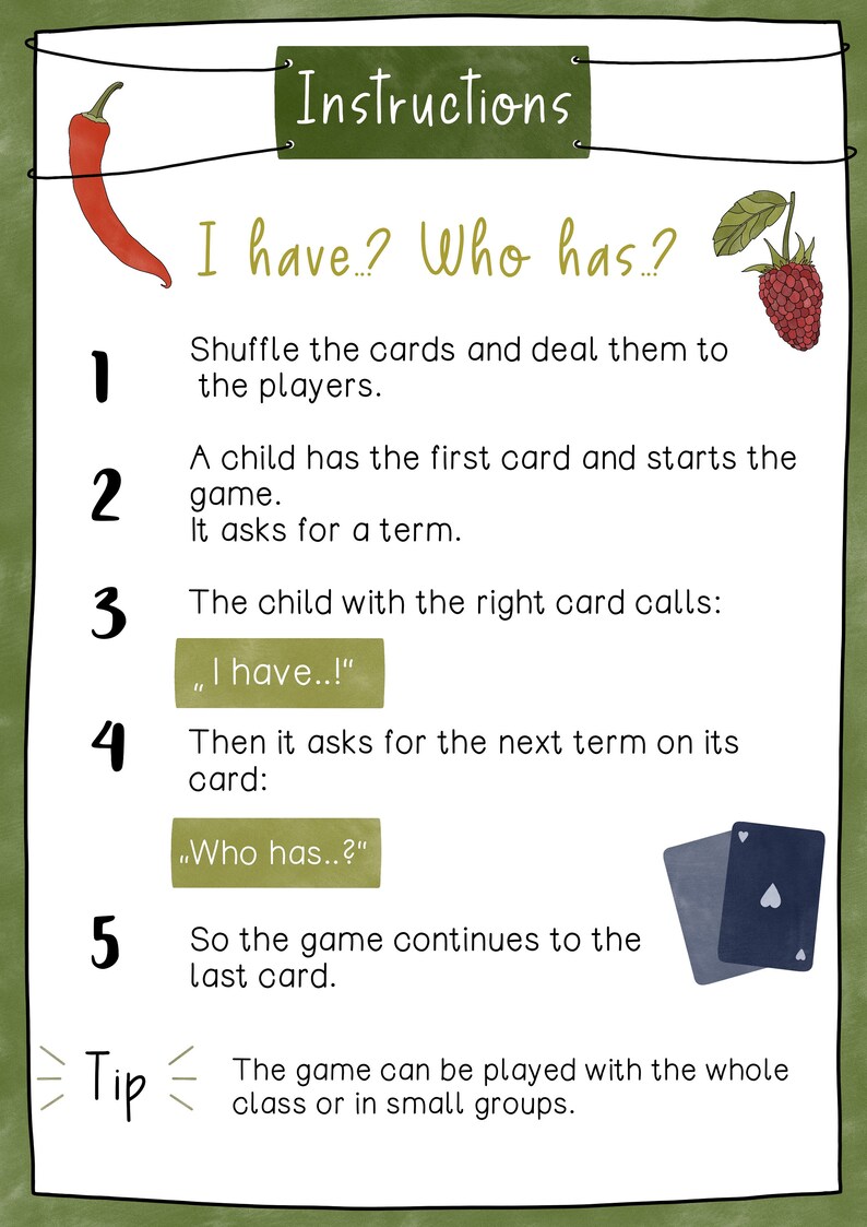 Fruits and Vegetables „I Have..! Who Has.?“ – Educational Game for ...