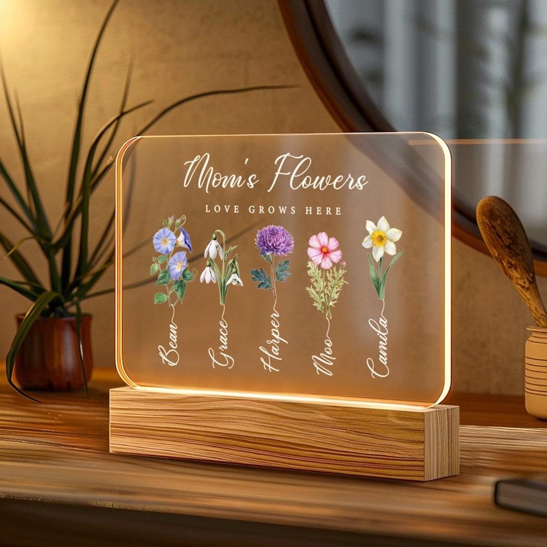 Custom Birth Month Flower Acrylic Led Night Light, Personalized Family ...