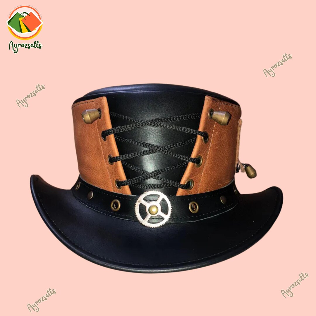 Handmade Leather Steampunk Hat With Laced Front, Metal Studs & Gear ...