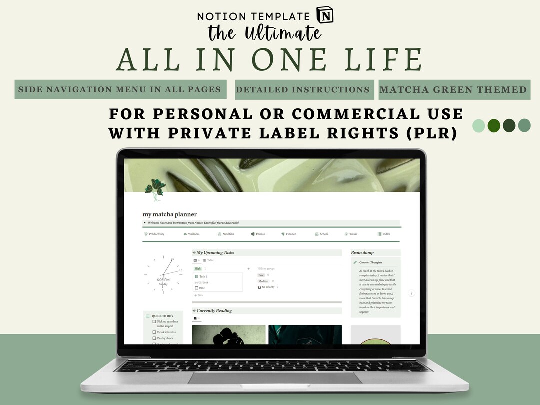 PLR All in One Life Planner A Notion Template Matcha Green Life Planner Notion PLR Digital ...
