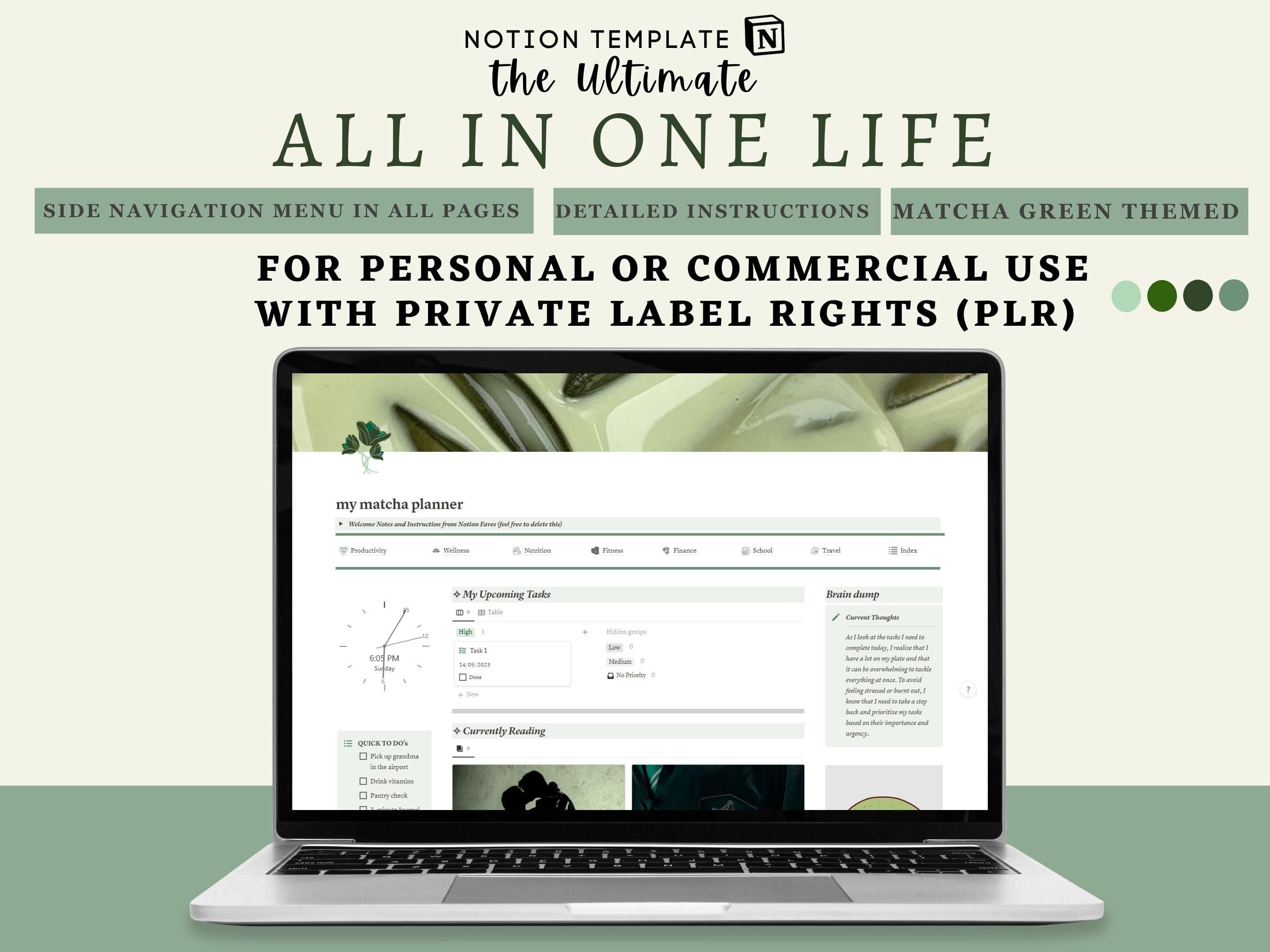 PLR All in One Life Planner A Notion Template Matcha Green Life Planner Notion PLR Digital ...