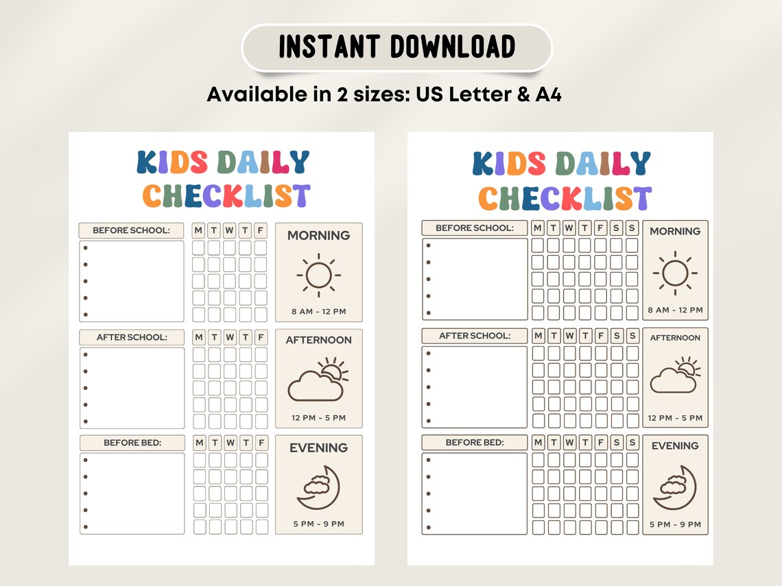 Printable Kids Daily Checklist, Children Daily Routine Planner ...