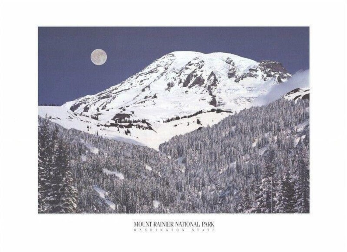 Mount Rainier National Park Poster Moon 17x23 Usa Travel Washington - Etsy