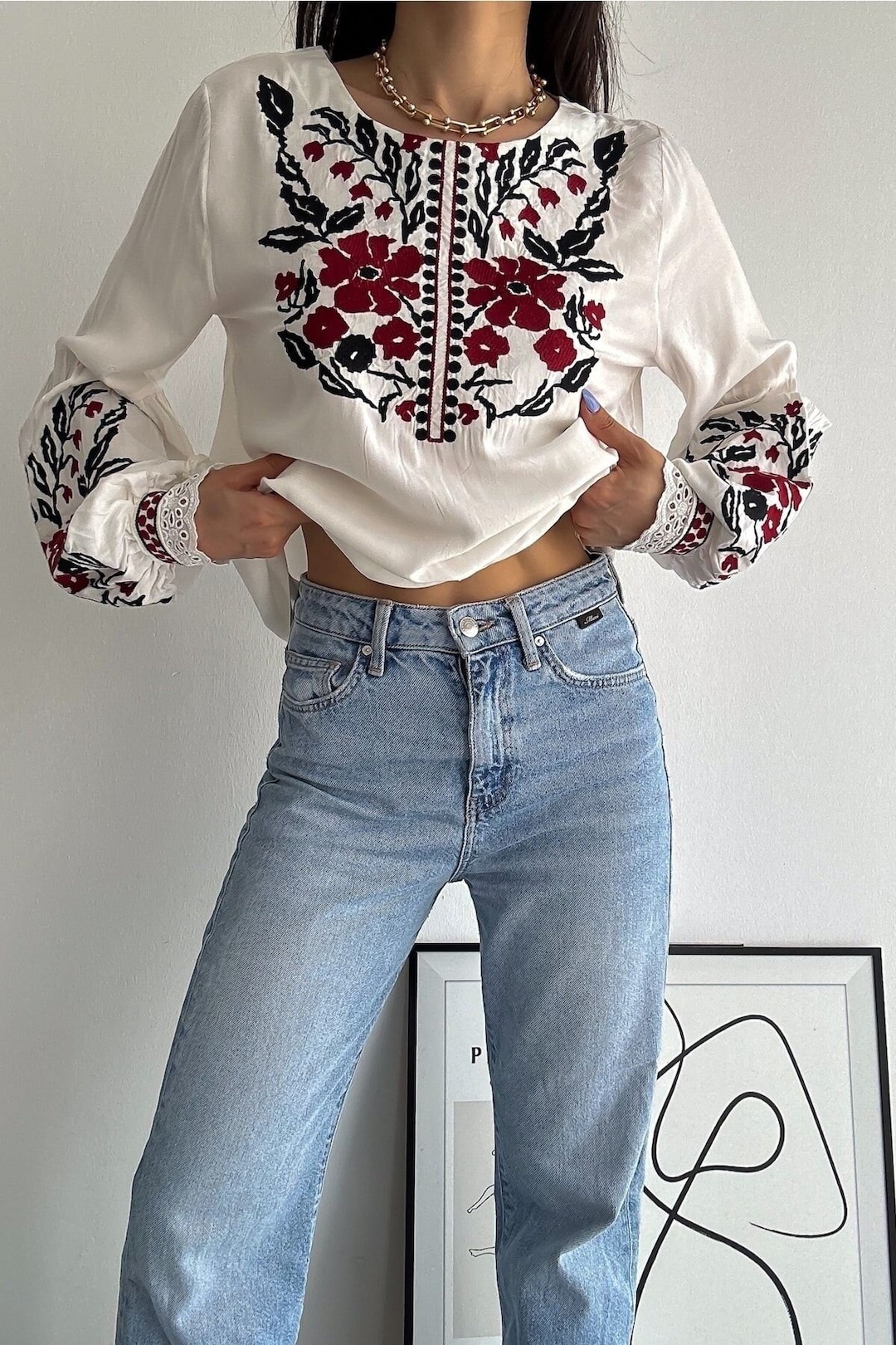 Flower Embroidery Blouse, Cotton Blouse, Vintage, Blouse Women ...