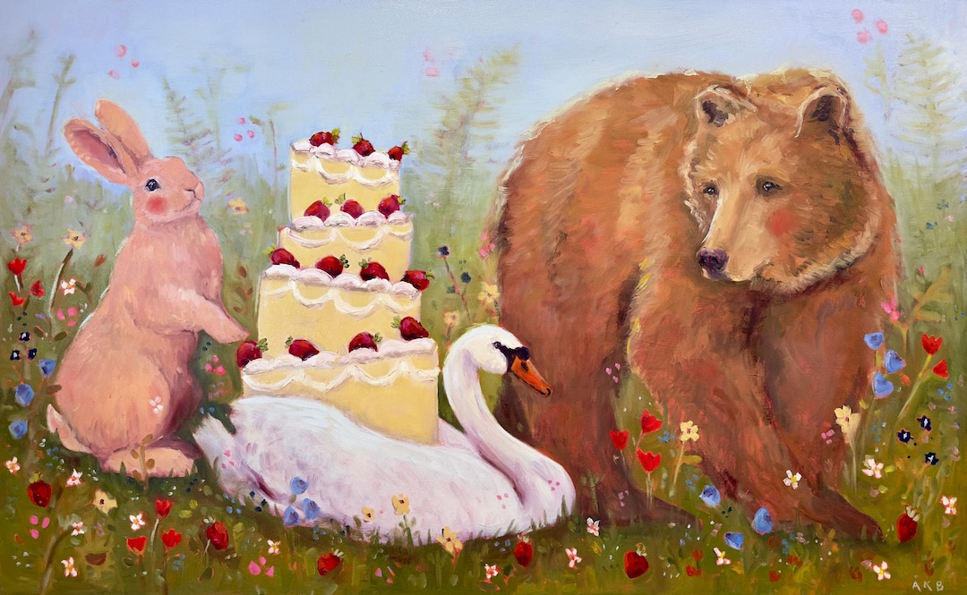 Framed Canvas Print, 'the Swan Brought Dessert', Whimsical Painting ...