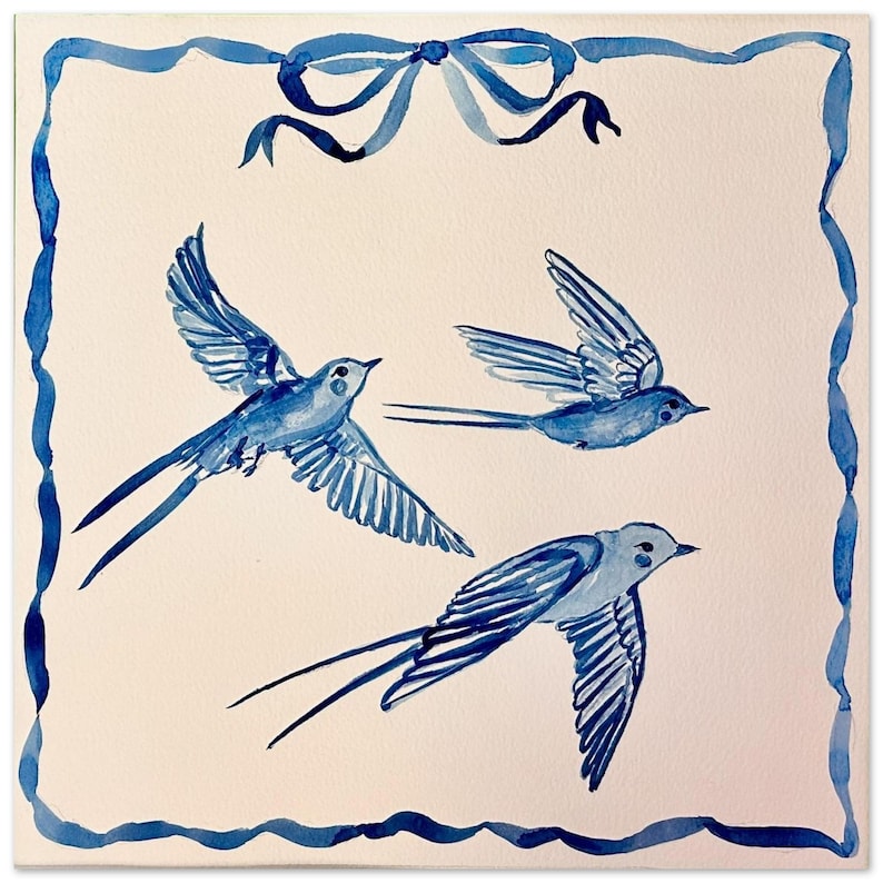 PRINT, 'blue Birds in Flight', Vintage Style, Bow, Whimsical Painting ...