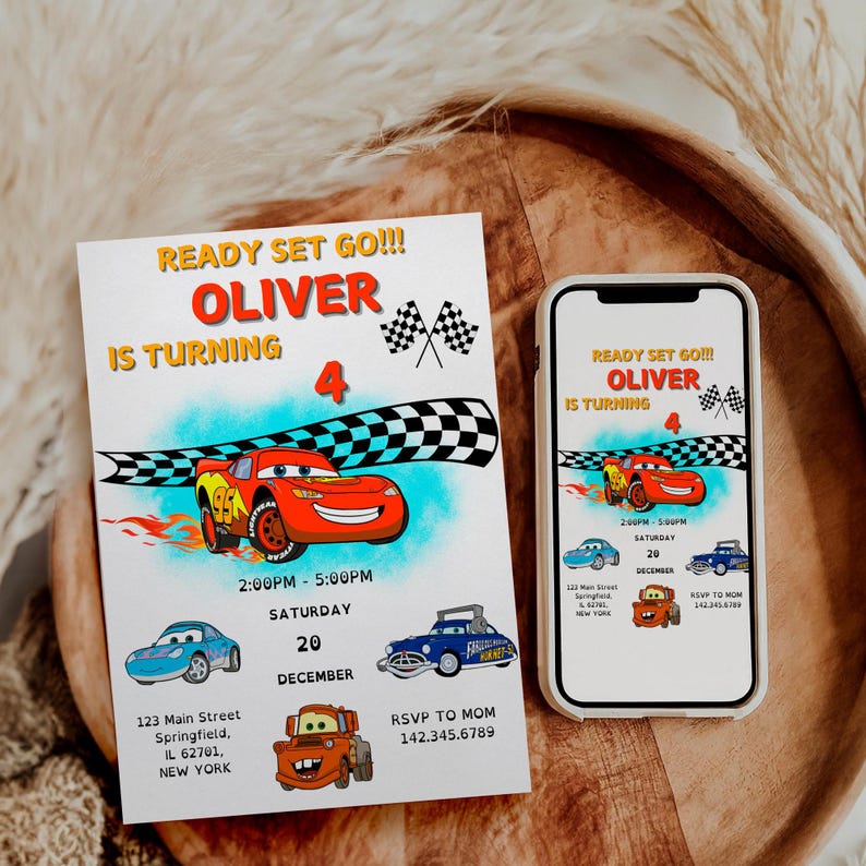 Car Cartoon Invitation Card, Canva Template, Fast Car Birthday ...