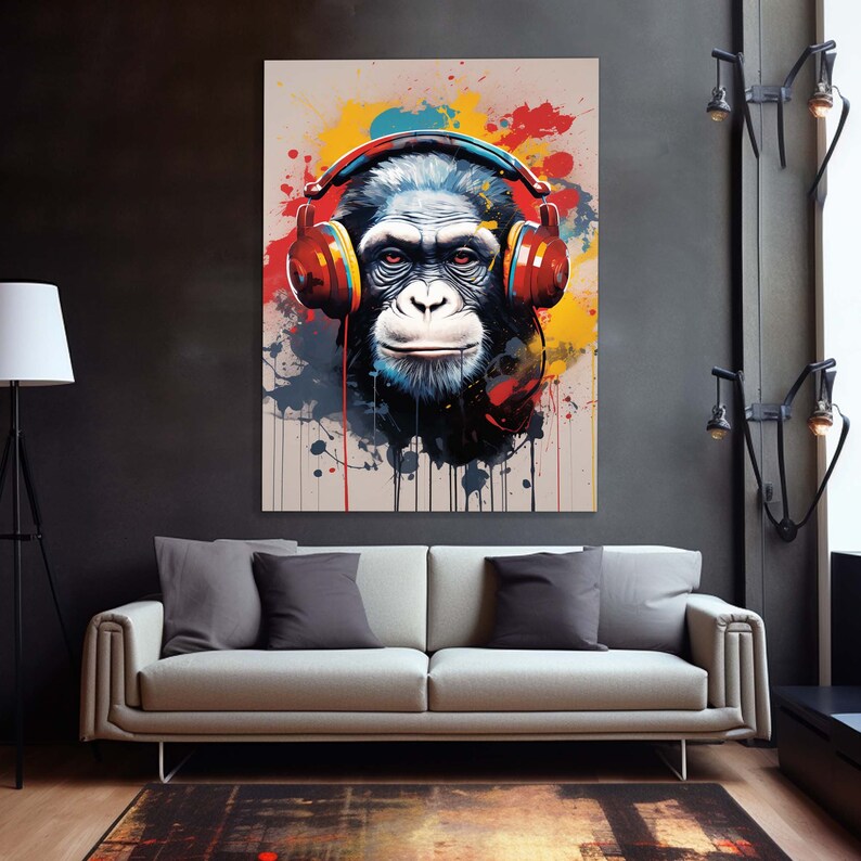 Tempered Glass Wall Art, Colorful Monkey With Headphones Graffiti ...