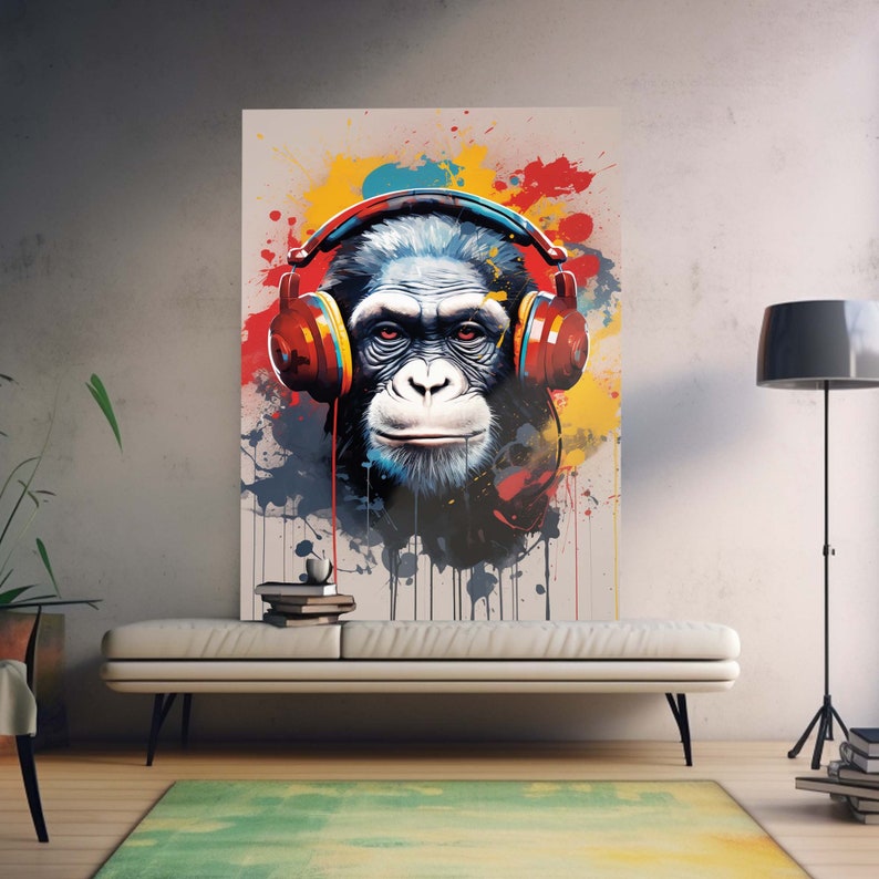 Tempered Glass Wall Art, Colorful Monkey With Headphones Graffiti ...