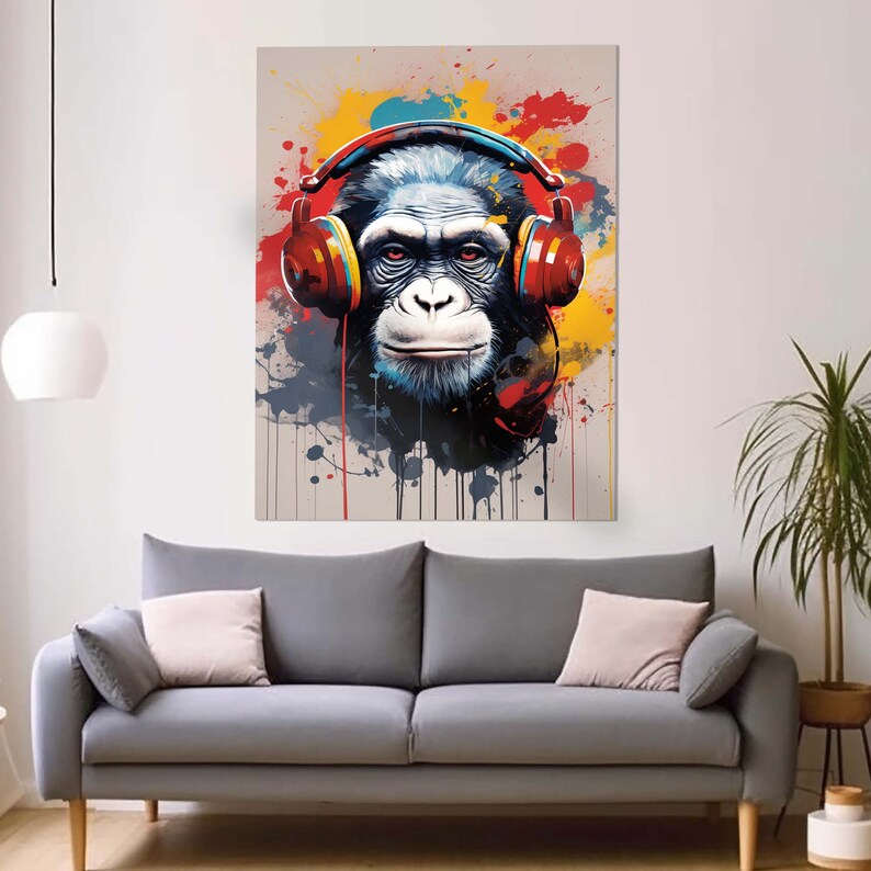Tempered Glass Wall Art, Colorful Monkey With Headphones Graffiti ...