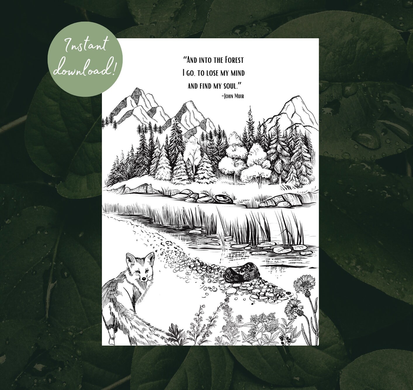 Forest Coloring Page for Anxiety Relief, Printable Fox Coloring Page ...