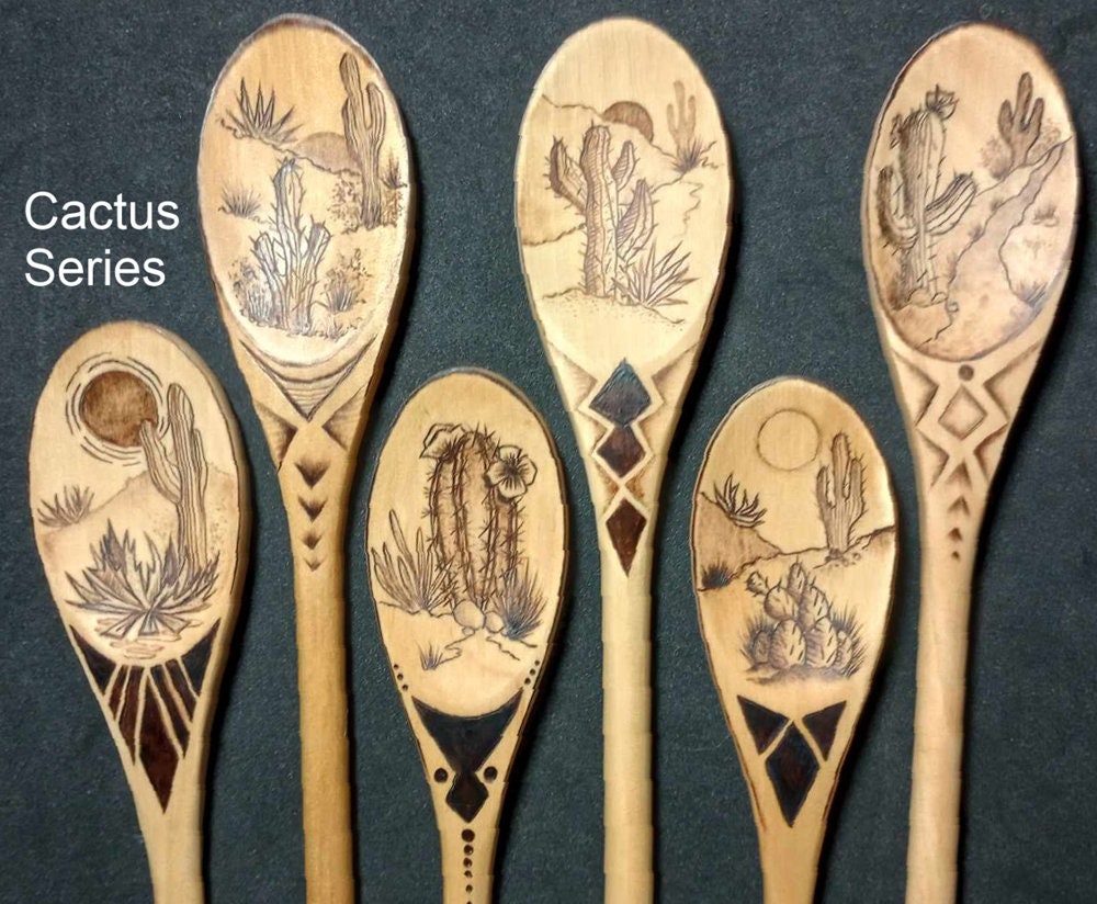 Food Safe Cactus Artisan Wood Burned Kitchen Spoons 12 In - Etsy