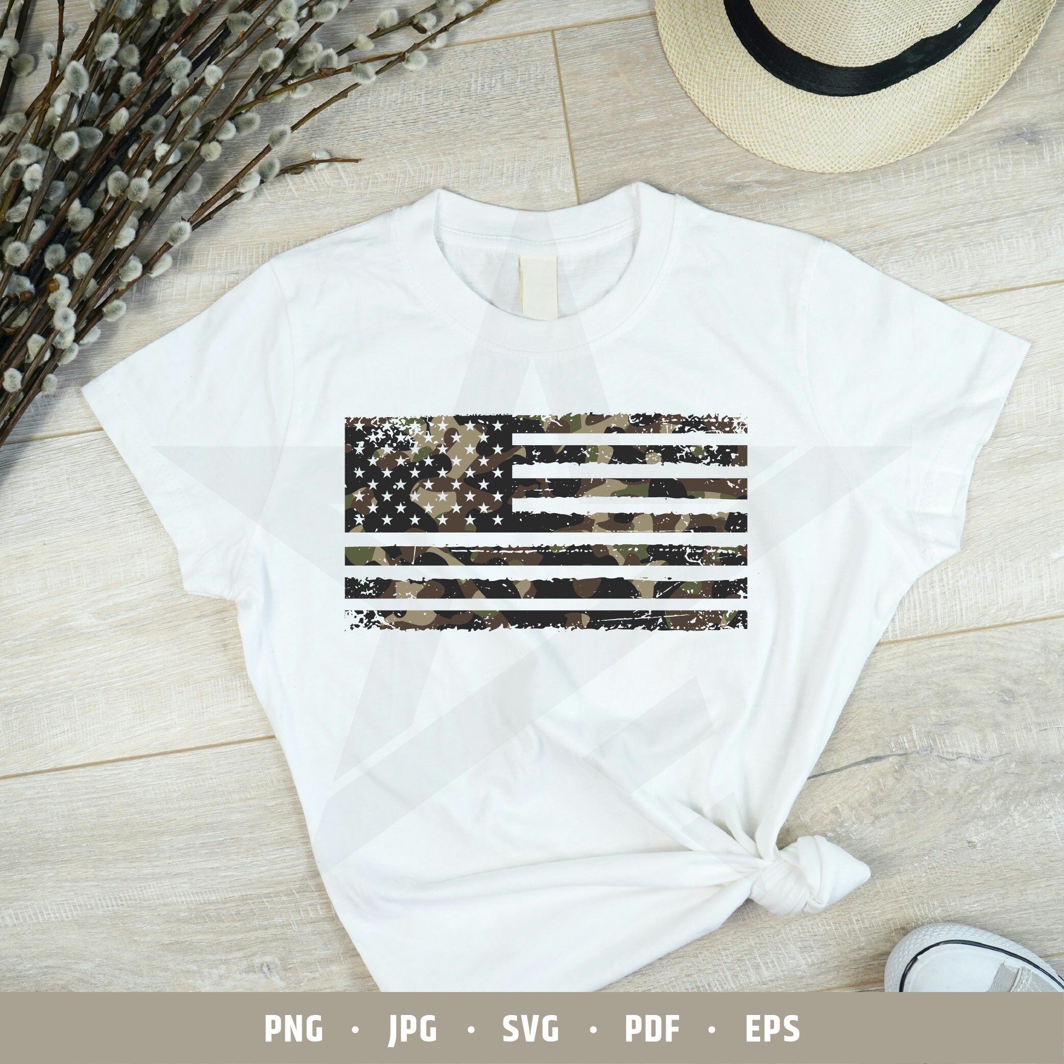 Camo US Flag Distressed Vector Image: Army Tee, Sticker (digital ...