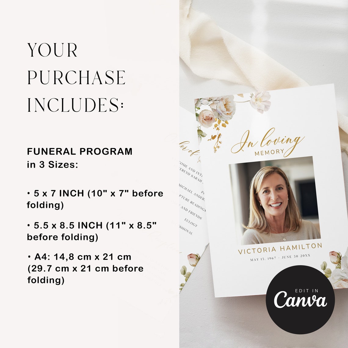 Blush Floral Funeral Program Template, in Loving Memory, CANVA Elegant ...