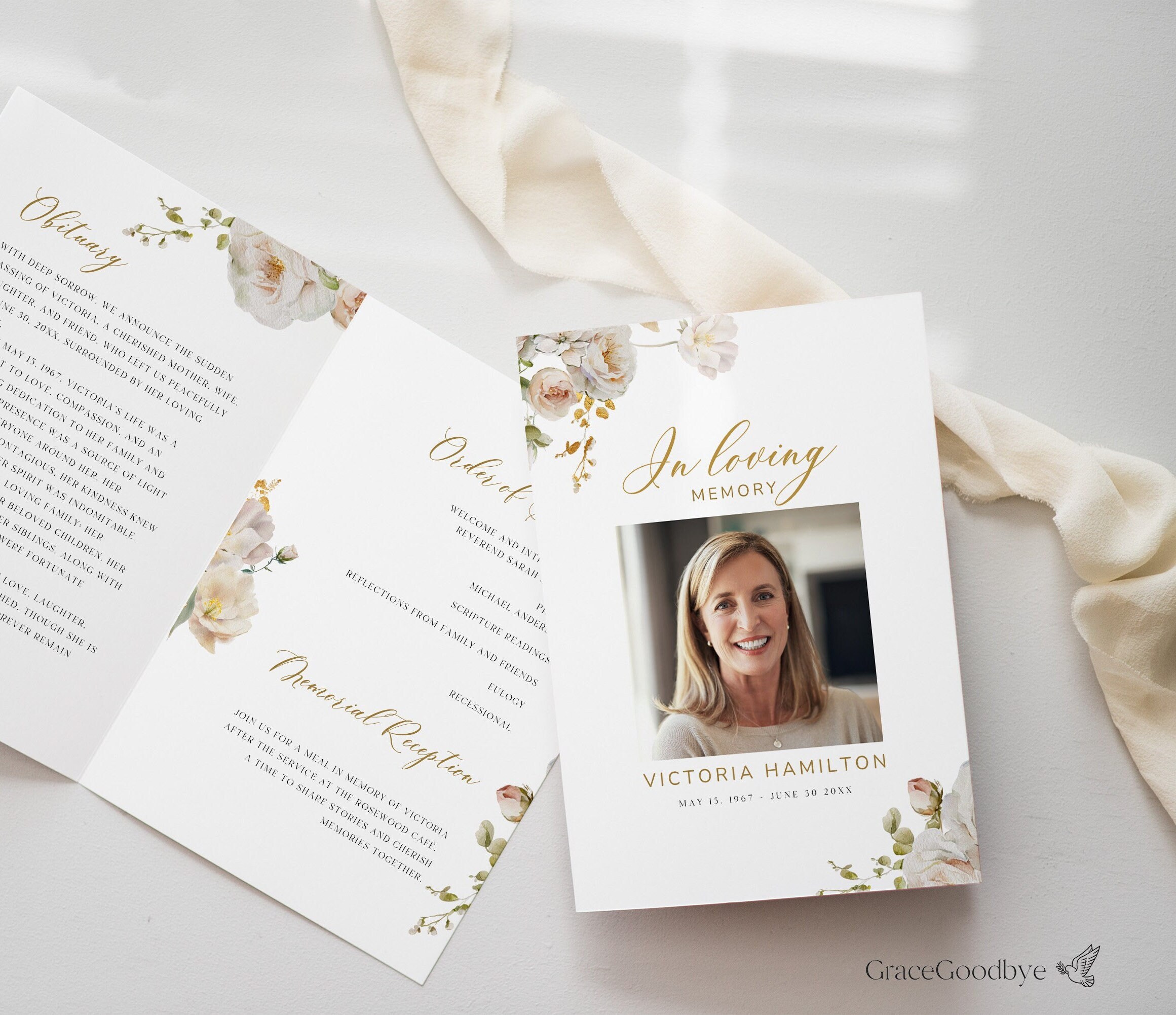 Blush Floral Funeral Program Template, in Loving Memory, CANVA Elegant ...