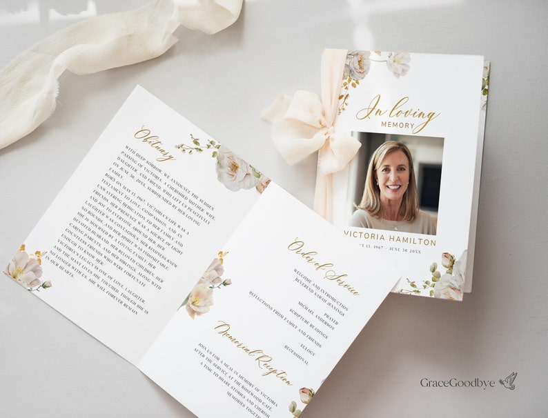 Blush Floral Funeral Program Template, in Loving Memory, CANVA Elegant ...