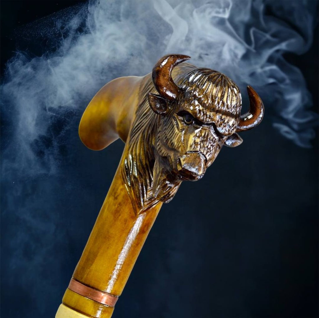 Bison Cane Bison Walking Stick Wood Carved Handmade Design Handle Cane ...