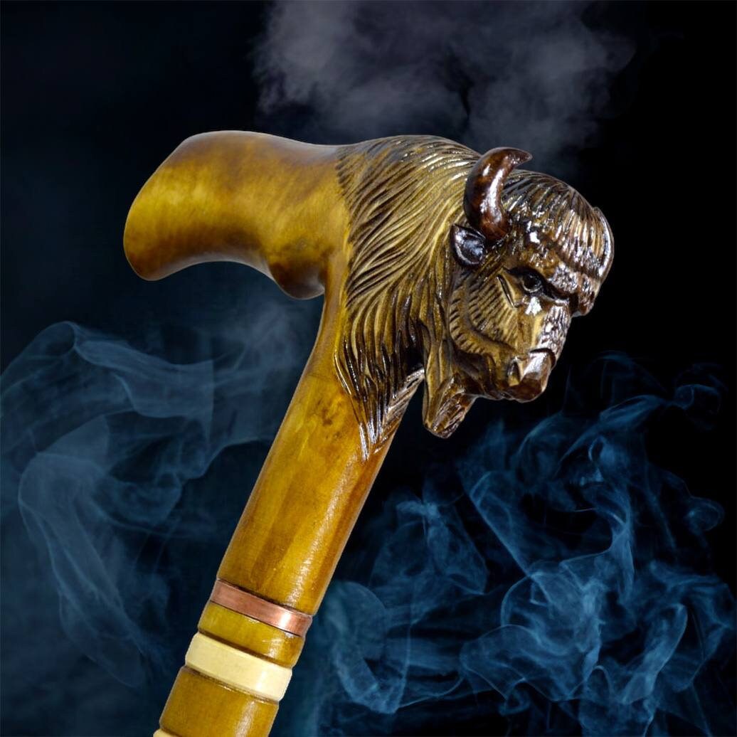 Bison Cane Bison Walking Stick Wood Carved Handmade Design Handle Cane ...