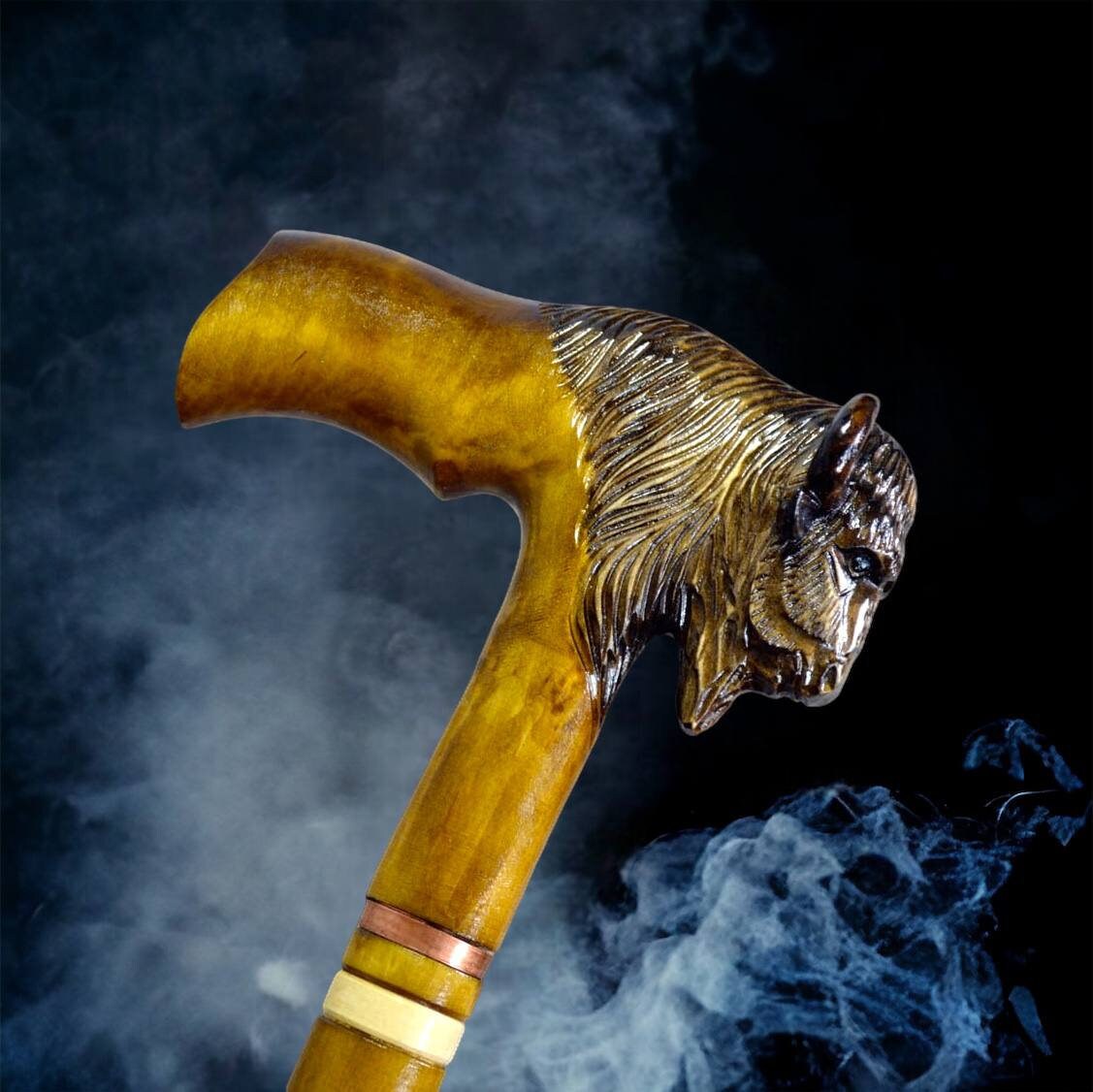 Bison Cane Bison Walking Stick Wood Carved Handmade Design Handle Cane ...