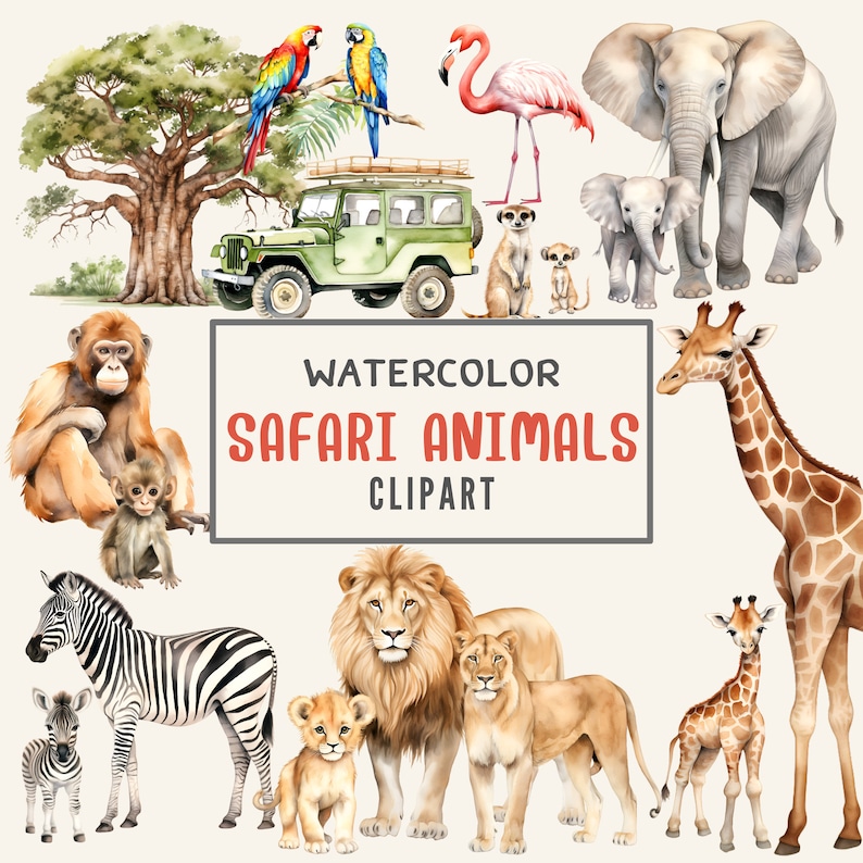 Watercolor Safari Animals PNG Files, Safari Family Clipart, Safari Baby ...