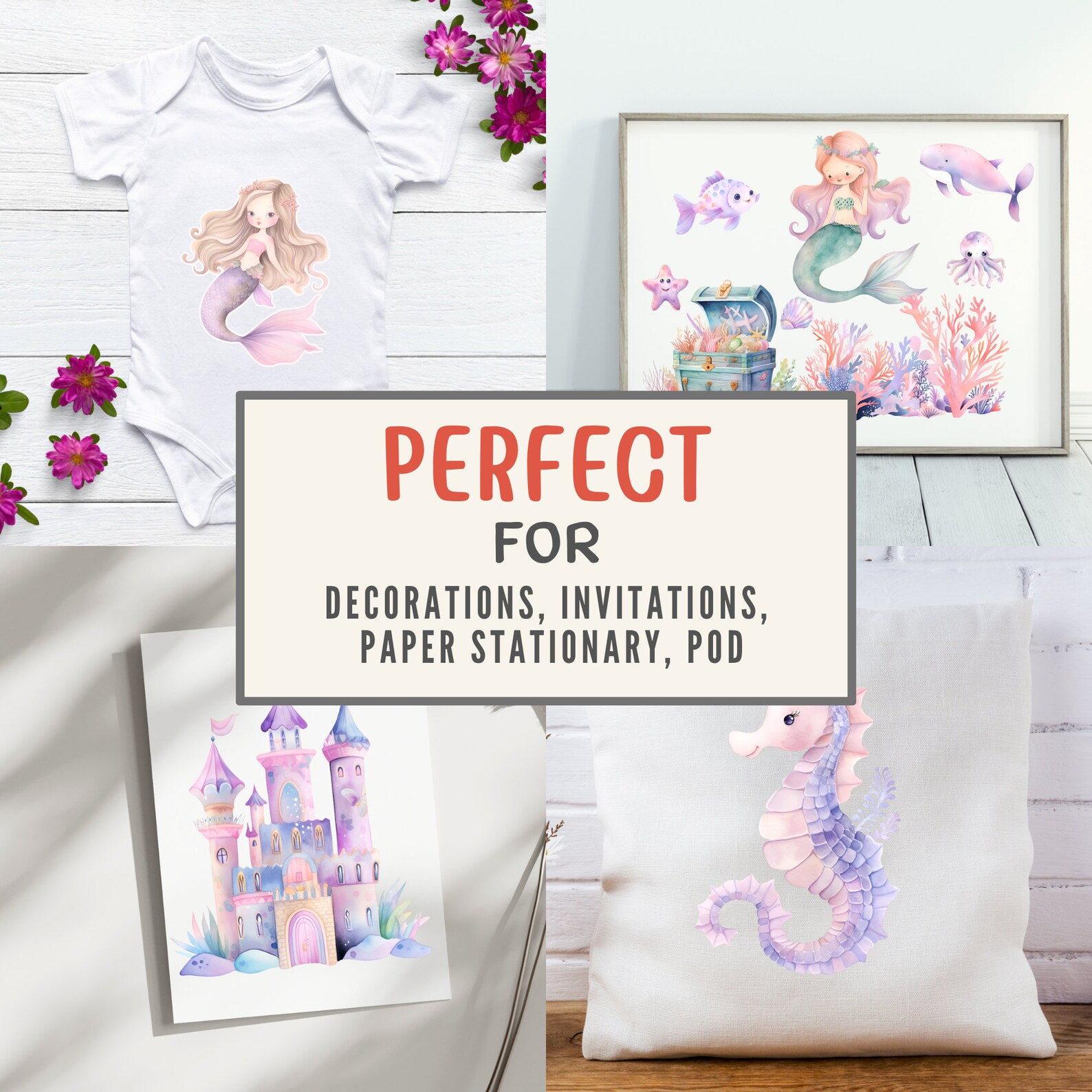 Mermaid Clipart Bundle 40 PNG Files, Watercolor Mermaid Clipart, Cute ...