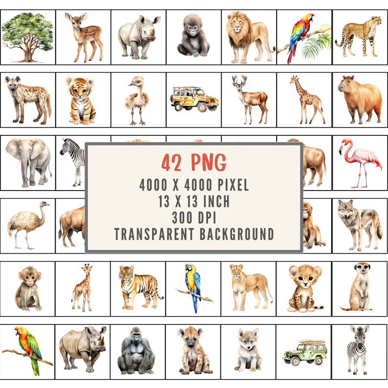 Watercolor Safari Animals PNG Files, Safari Family Clipart, Safari Baby ...