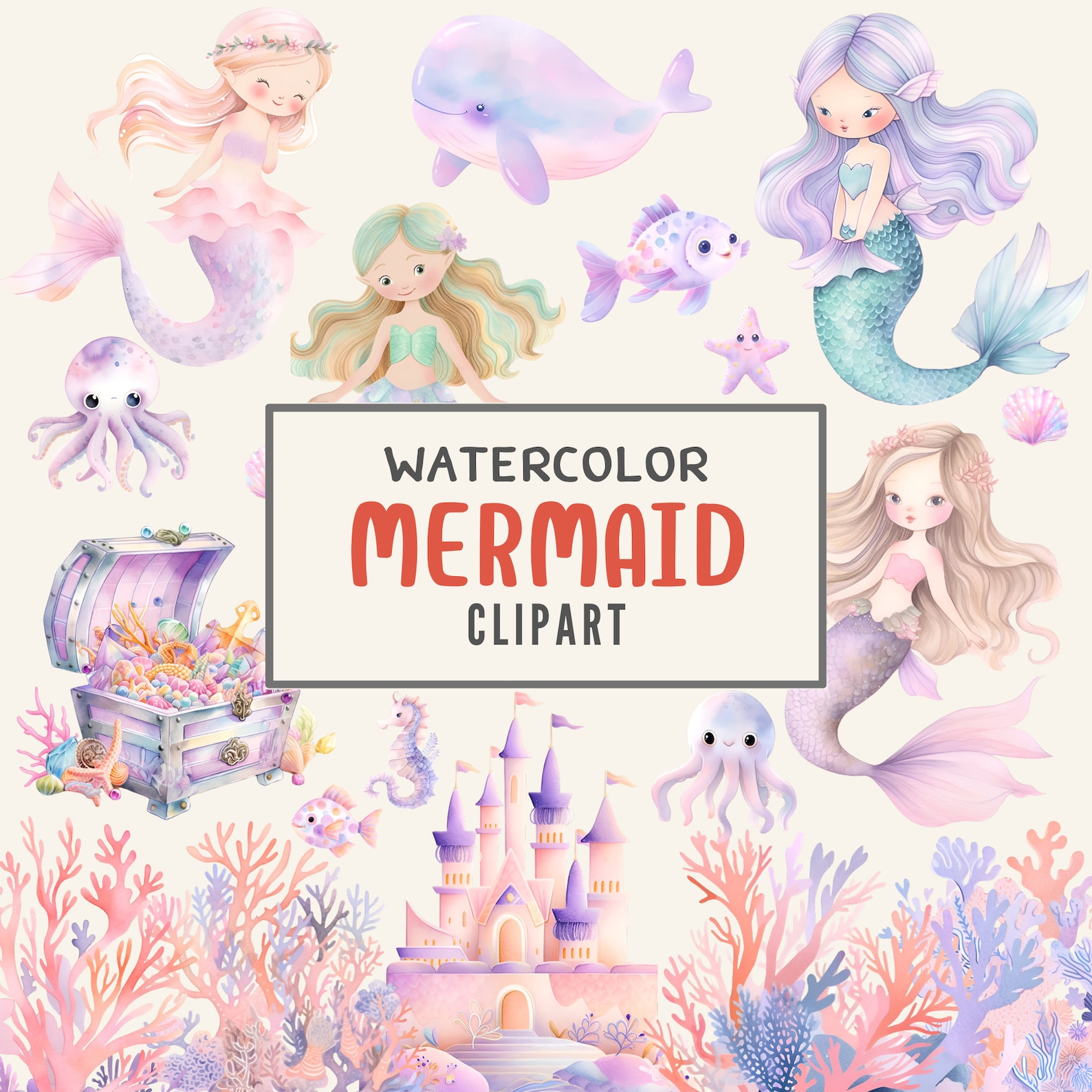 Mermaid Clipart Bundle 40 PNG Files, Watercolor Mermaid Clipart, Cute ...