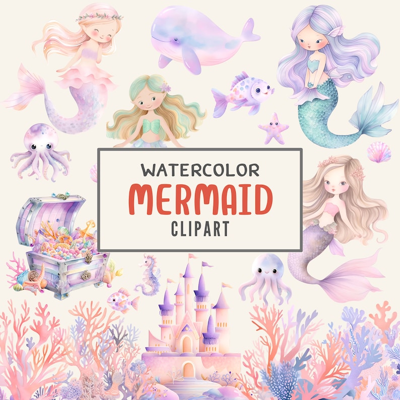 Mermaid Clipart Bundle 40 PNG Files, Watercolor Mermaid Clipart, Cute ...