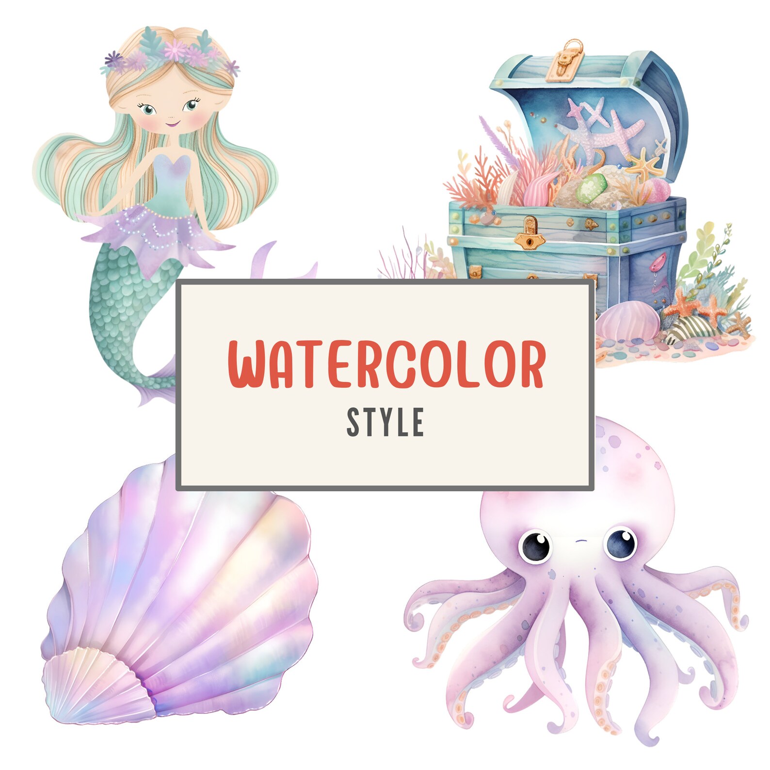 Mermaid Clipart Bundle 40 PNG Files, Watercolor Mermaid Clipart, Cute ...