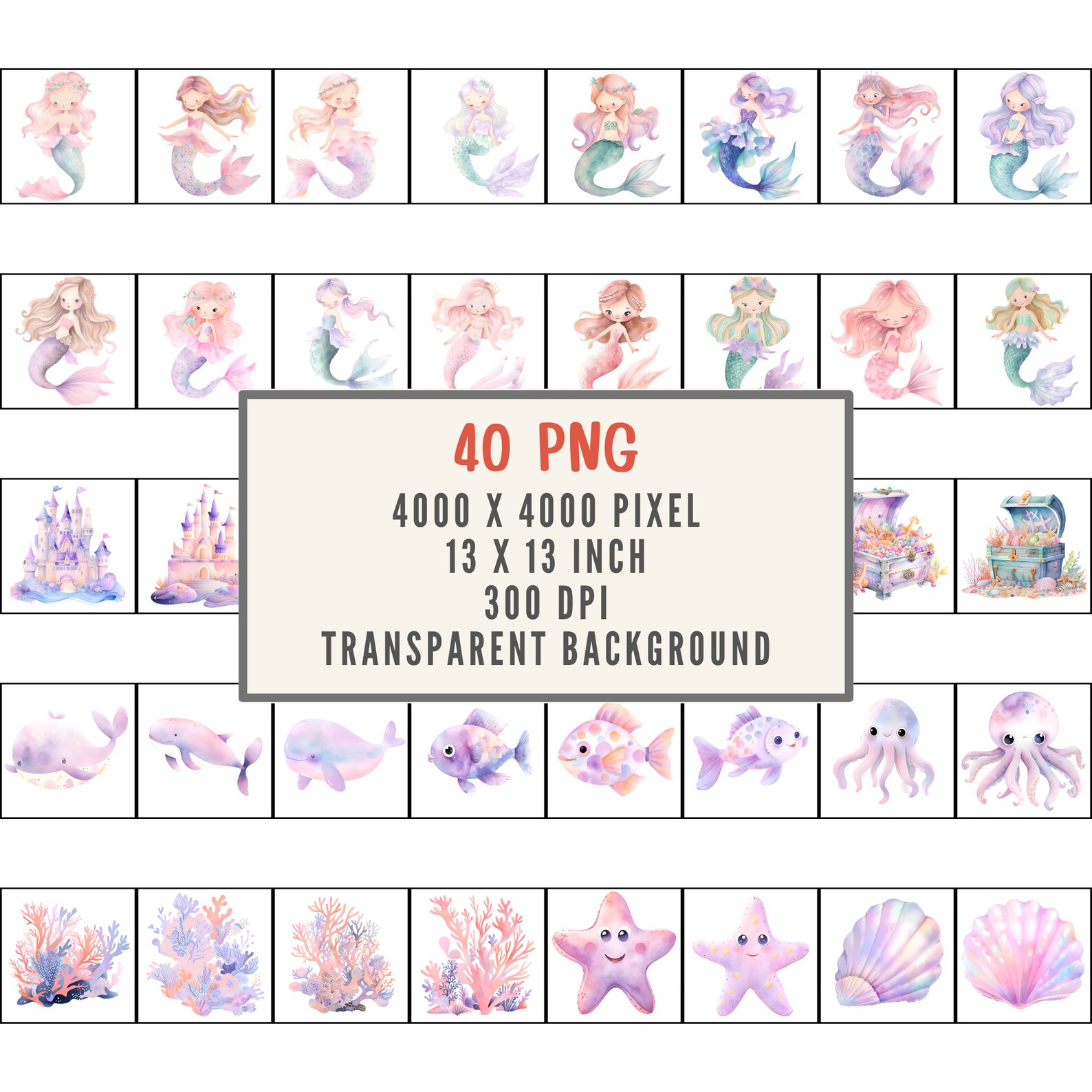 Mermaid Clipart Bundle 40 PNG Files, Watercolor Mermaid Clipart, Cute ...