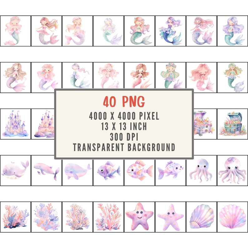 Mermaid Clipart Bundle 40 PNG Files, Watercolor Mermaid Clipart, Cute ...