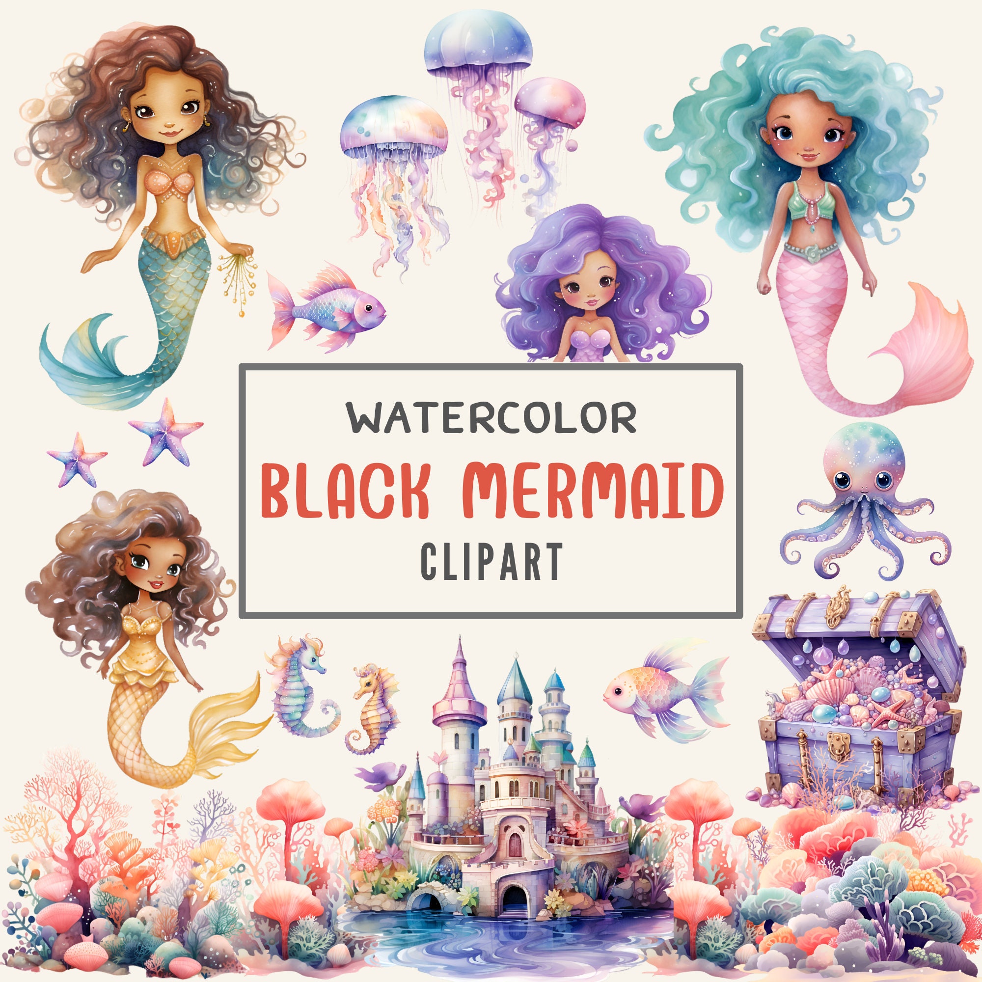 Black Mermaid PNG File, Instant Download, Afro Mermaid Clipart, Digital ...