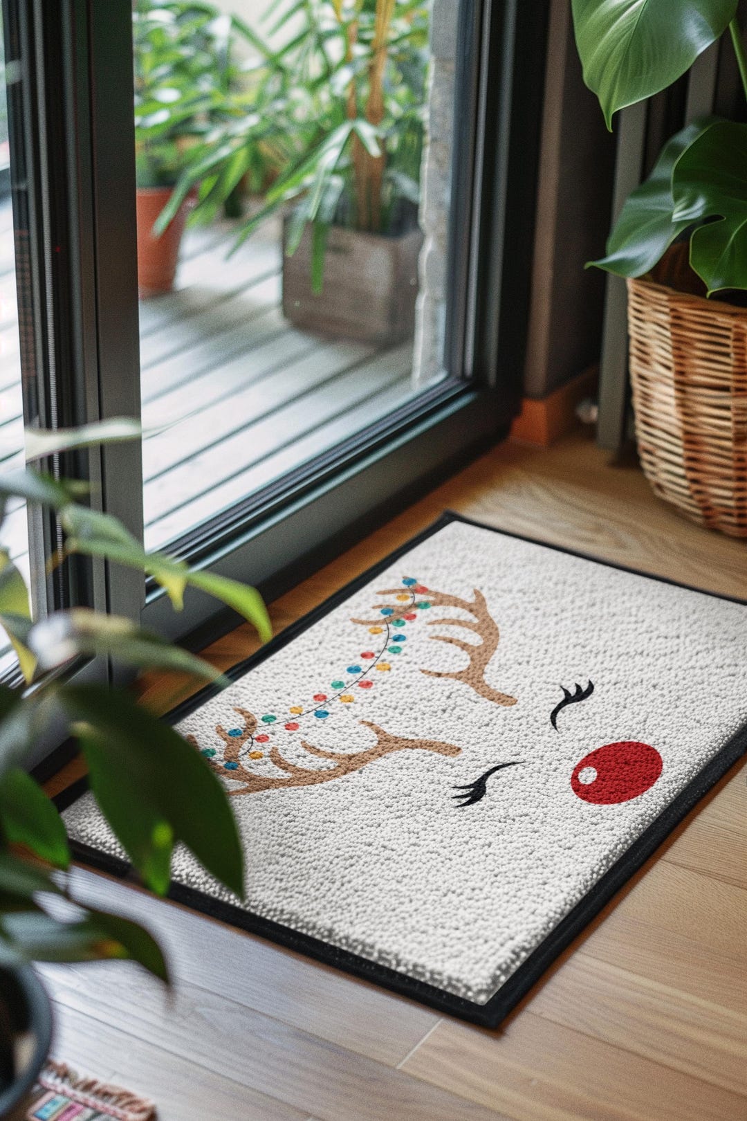 Cute Reindeer Face Doormat With Christmas Lights, Festive Holiday ...