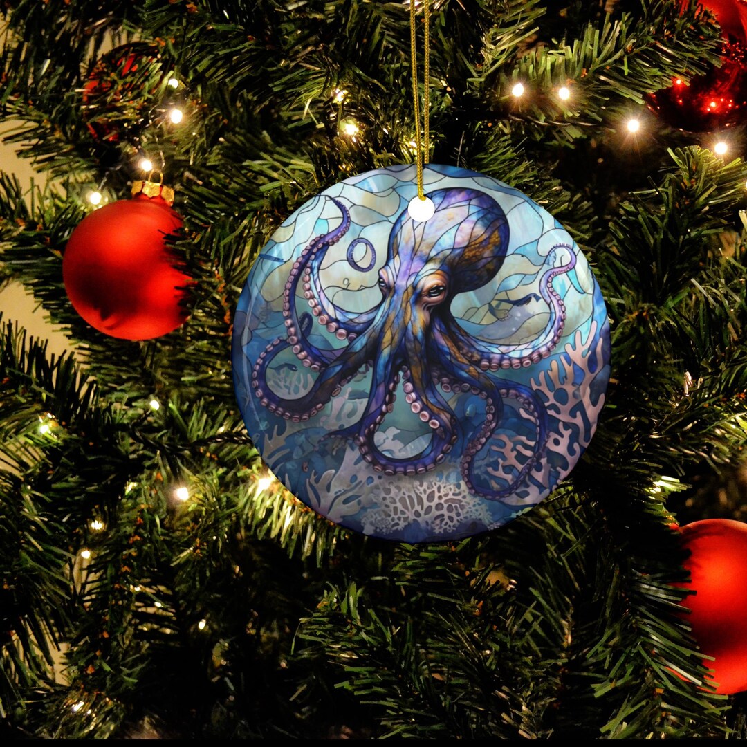 Octopus Christmas Ornament, Stained Glass Style Ceramic Beach Ornament ...