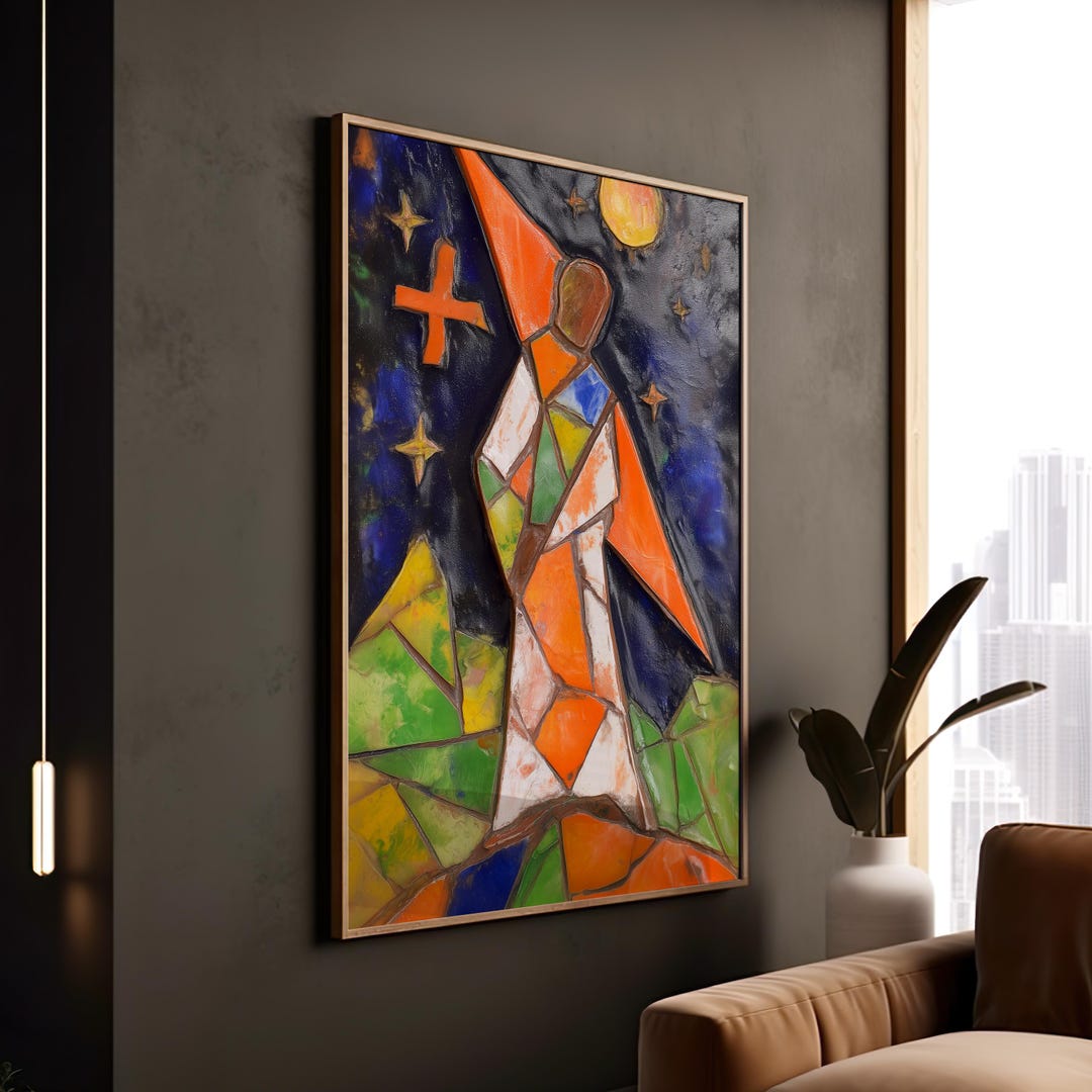 Cubist Angel Under Night Sky Stained-glass and Charcoal Style Spiritual ...