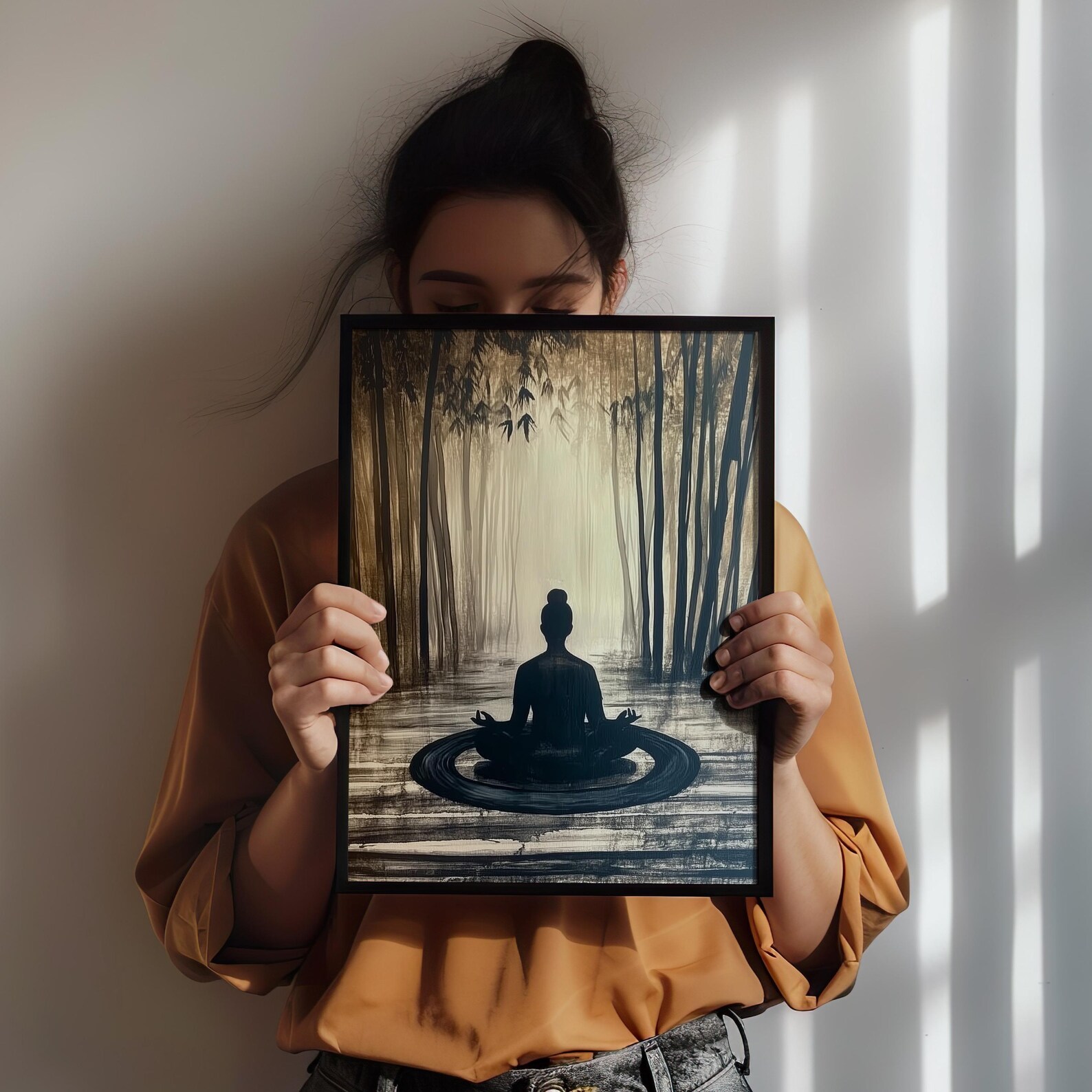 Zen Bamboo Forest Art Print: Meditating Silhouette, Sepia Nature Canvas ...
