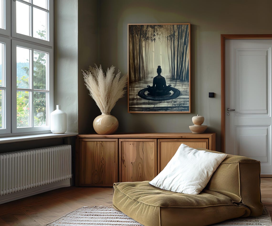 Zen Bamboo Forest Art Print: Meditating Silhouette, Sepia Nature Canvas ...