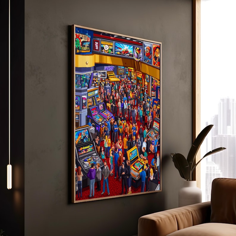 Retro Arcade Scene Pixel Art Print: 80s Gaming Room Decor - Etsy
