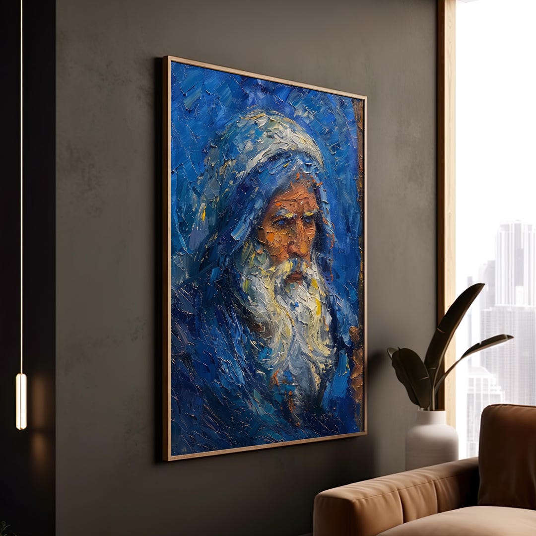 Moses Biblical Portrait Print Bold Blue Tone Spiritual Staff Canvas ...