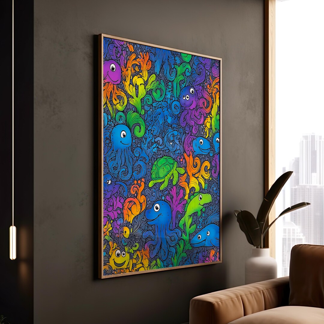 Rainbow Reef Friends Pattern With Turtles Dolphins and Bubbly Coral ...