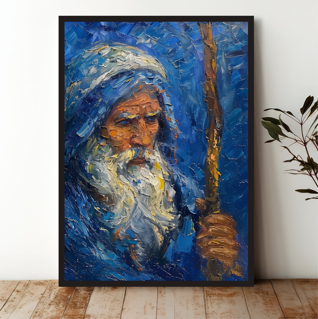 Moses Wall Art Bold Blue-toned Portrait With Staff - Spiritual Biblical ...