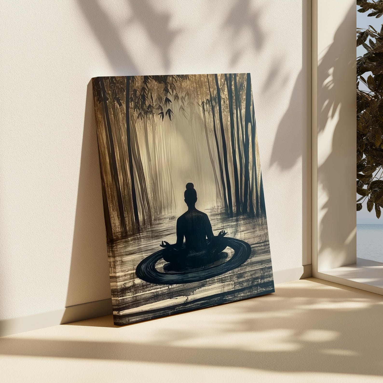 Zen Bamboo Forest Art Print: Meditating Silhouette, Sepia Nature Canvas ...