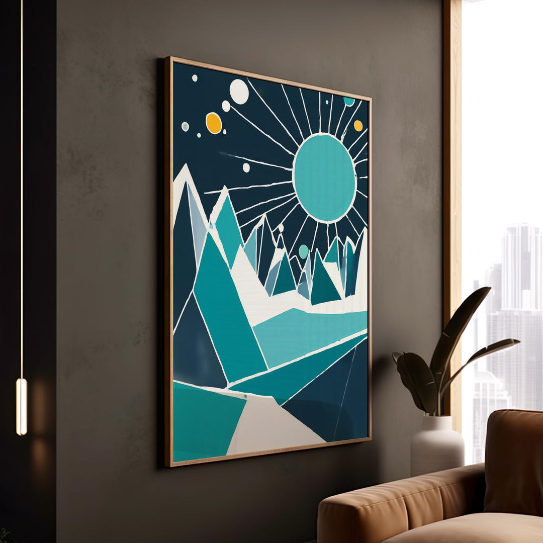 Sunburst Over Teal Peaks With Crisp Lines and Celestial Dots in Retro ...