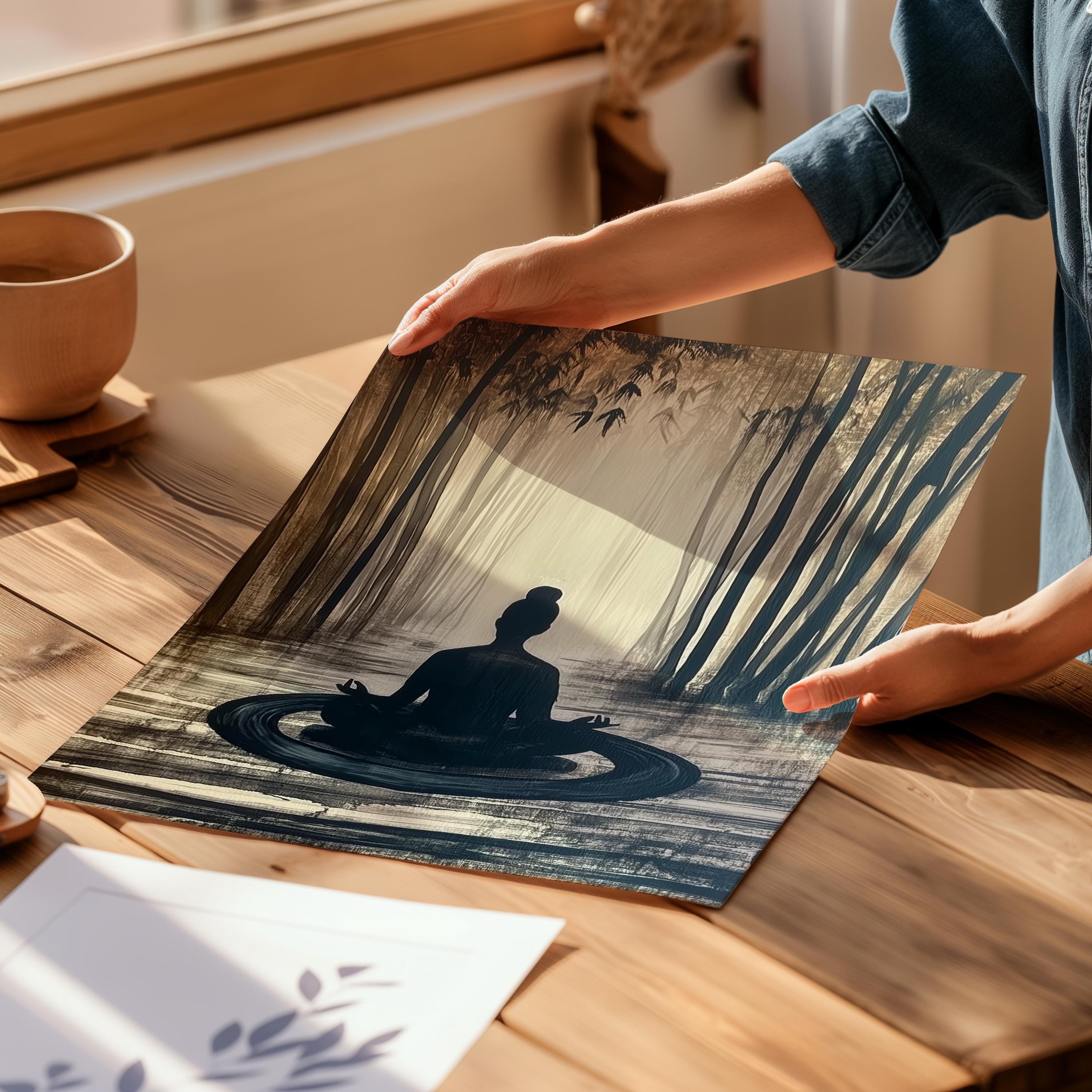 Zen Bamboo Forest Art Print: Meditating Silhouette, Sepia Nature Canvas ...