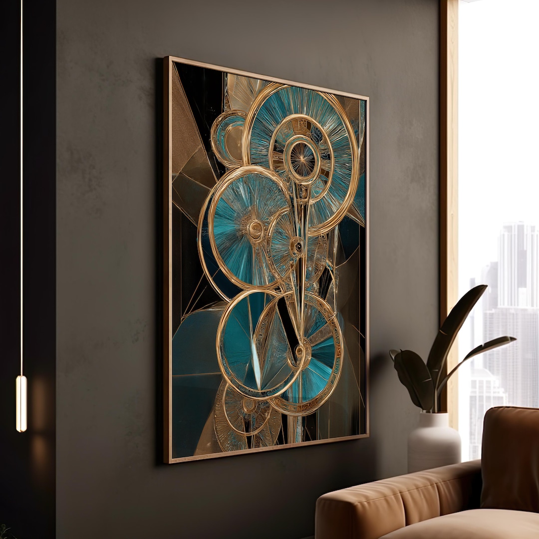 Gyroscopic Orbits Cluster Teal Glass and Brushed Gold Abstract Geometry ...